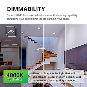 Sunco 6 Pack BR40 Light Bulb, LED Indoor Flood Light, Dimmable, 4000K Cool White, 1400 LM, E26 Base, Recessed Can Light, High Lumen, Flicker-Free - UL & Energy Star, 120W Equivalent 17W