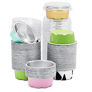 AOSYCO Dessert Cups With Lids, Tiny Condiment Storage, Mini Snack Containers, Salad Dressing Container To Go, 1.6 Oz 100pcs - 5 Colors Mixed Aluminum Foil Pans with Lids