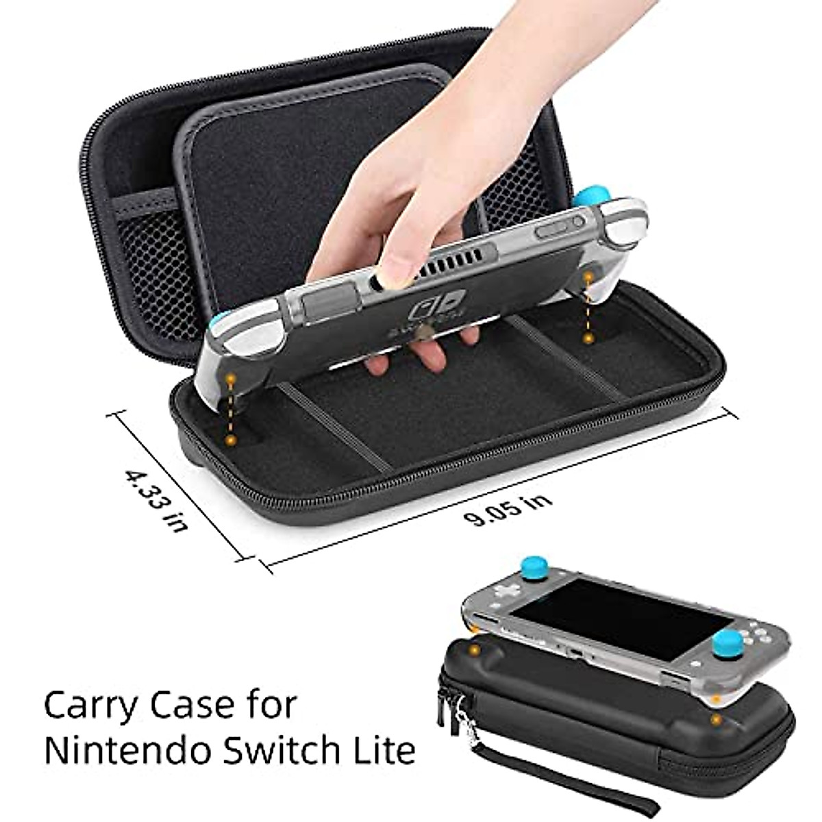 HEYSTOP Kompatybilna Torba do przenoszenia Nintendo Switch Lite, ochronne case NA wyświetlacz z z hartowanego szkła, karta do greed, 6 nakładek NA kciuk do zestawu akcesoriów Nintendo Switch Lite