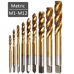 Yakamoz 9pcs Machine Screw Tap Set Titanium Spiral Flute Drill Taps Metric M2 M2.5 M3 M4 M5 M6 M8 M10 M12 Thread Tapping Tool