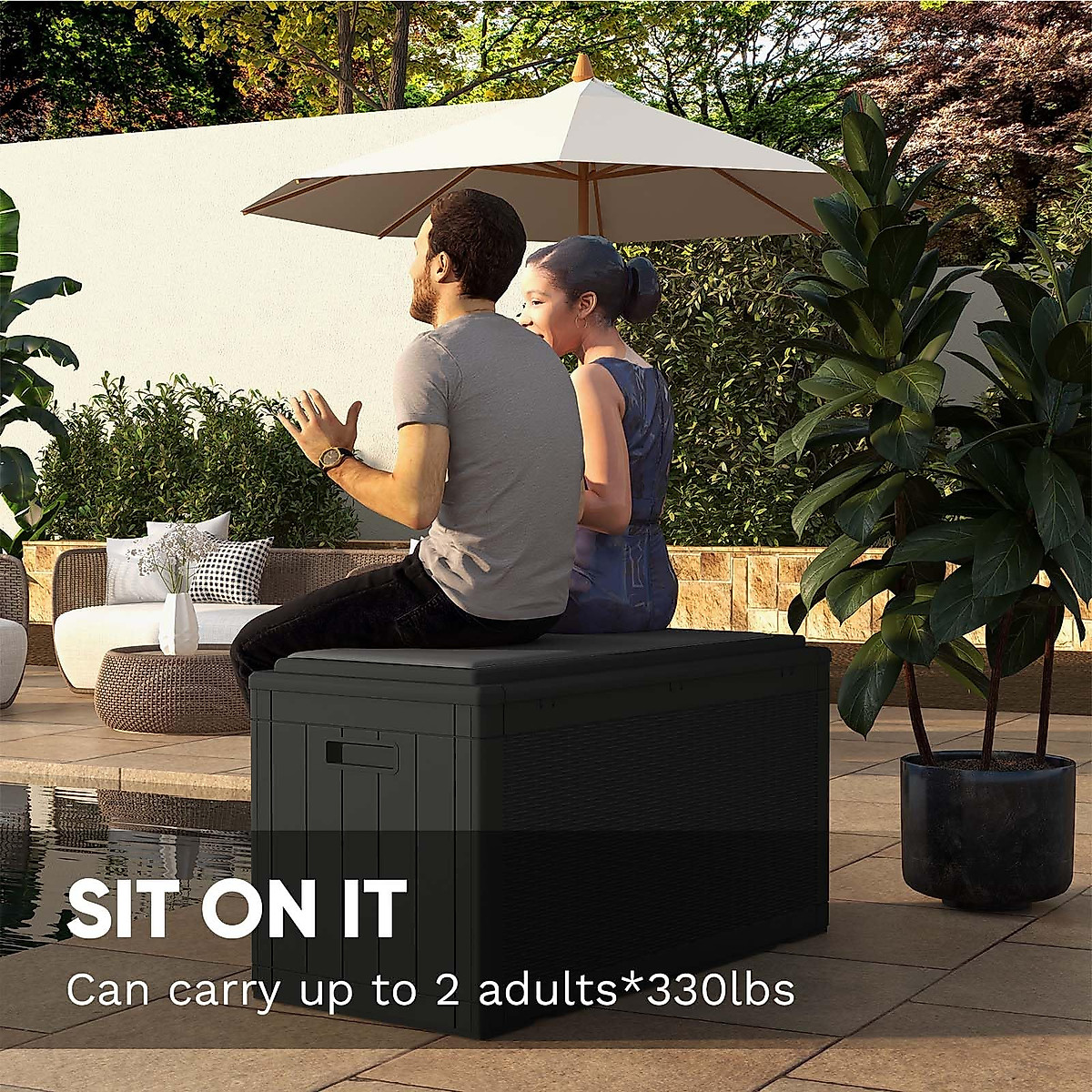 Patiowell 100 Gallon Resin Deck Box with cushion, Waterproof Large Outdoor Storage Box for Patio Furniture and Garden Tools, Black