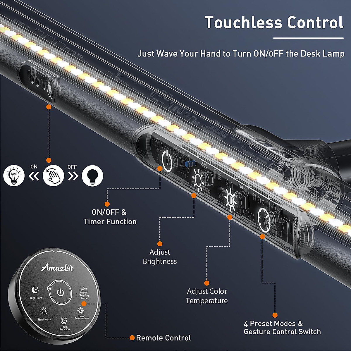 AmazLit LED Desk Lamp, Flexible Gooseneck Office Lamp, Gesture Sensing Desk Light, Screen Monitor Light Bar with Clamp, Adjustable Color Temperature & Brightness, 12W, Black
