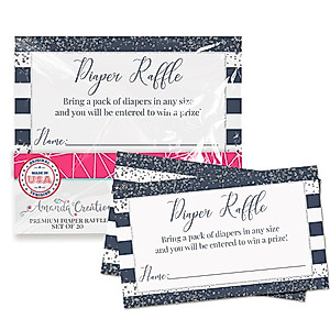 Beautiful Striped Navy & Silver Diaper Raffle Tickets for Boy Baby Showers, 20 2" X 3” Double Sided Insert Cards for Games by AmandaCreation, Bring a Pack of Diapers to Win Favors & Prizes!