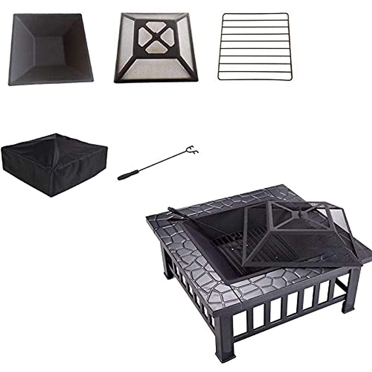 LEAYAN Garden Fire Pit Grill Bowl Grill Barbecue Rack Fire Pit Table with BBQ Grill Shelf, Square Firepit for Barbecue Heater, Ice Pit, Metal Brazier for Patio Outdoor, with Waterproof Cover Fire Pit
