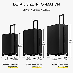 LEVEL8 Elegance Matte Luggage Set, 20 Inch Carry-on Luggage, 24&28 Large Suitcase Lightweight Hardside Suitcases with Wheels,Tsa Lock,3-Piece Set(20/24/28), Black