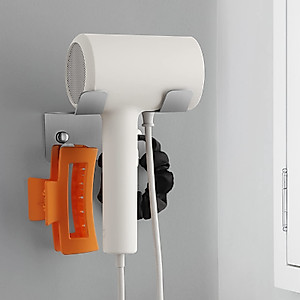 Hair Dryer Holder JWCE Blow Dryer Holder Wall Mounted Fit for Most Hair Dryers Self-Adhesive or Punch Installation for Bathroom (Silver)