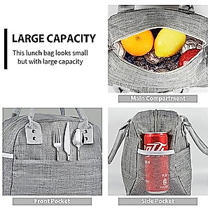 Lunch Bag for Women Men Insulated Reusable Lunch Box Tote Bag, Leakproof Cooler Cute Lunch Box Handbags for Office Work, Home, Picnic Beach or Travel - Grey