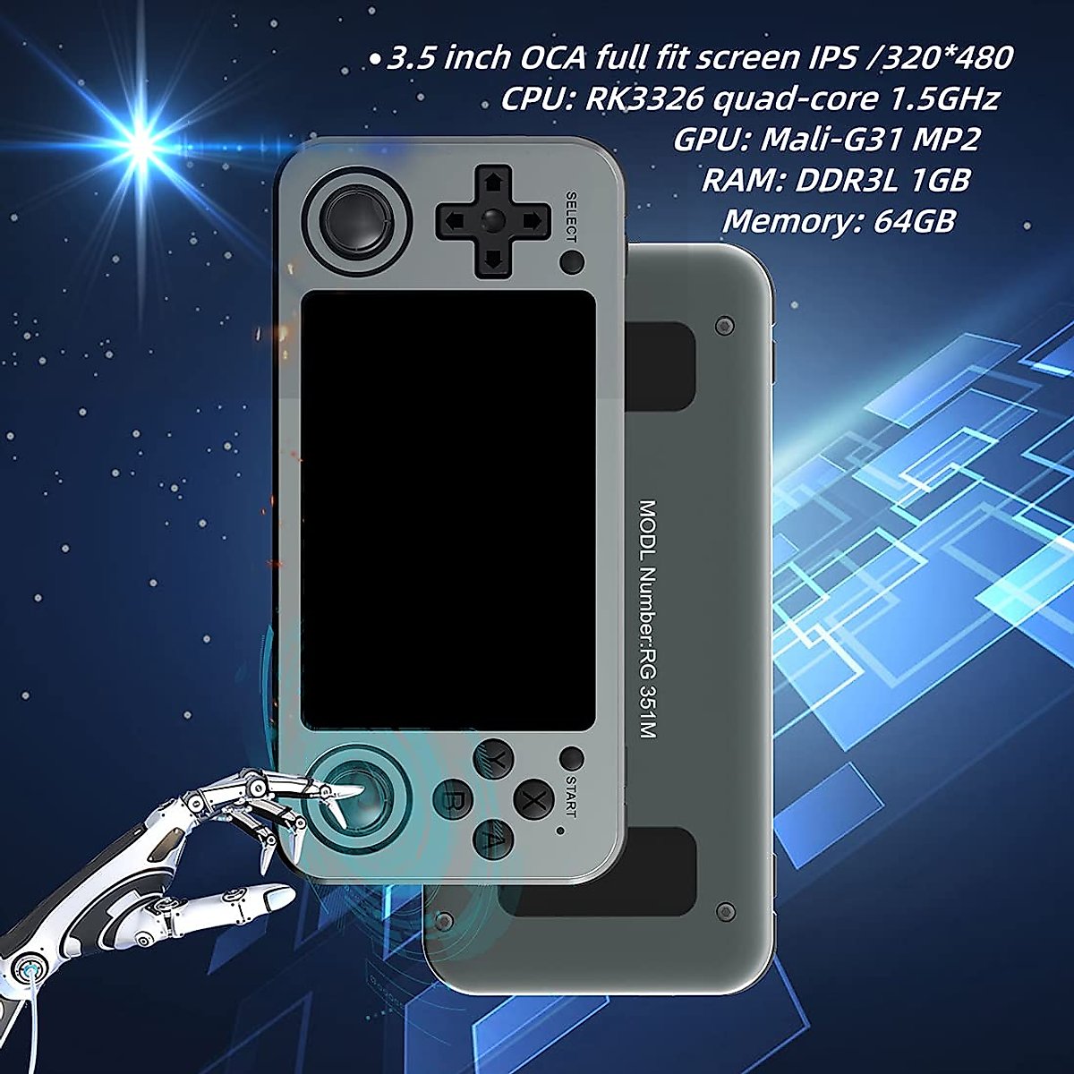 Petforu RG351M Metal Version Handheld Built-in 2534 Games Open Source Linux System Retro Console IPS Screen 3.5-Inch 64GB (Black)