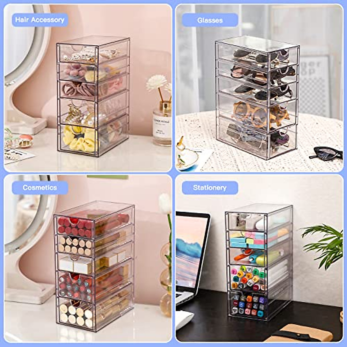 FABROK Clear Hair Accessory Organizer Box with 5 Drawers, Compact Storage Organization Drawers Set for Cosmetics, Glasses, Stationery, Stackable Storage Containers Box for Bathroom, Closet, Desk, Office