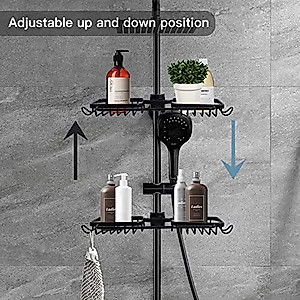 CLanXingn Bathtub Storage Organizer for Shampoo Accessories, Sink Faucet Sponge Holder,Rustproof Shower Pole Caddy Corner for Bathroom,Kitchen, Freestanding Tension Pole, Black