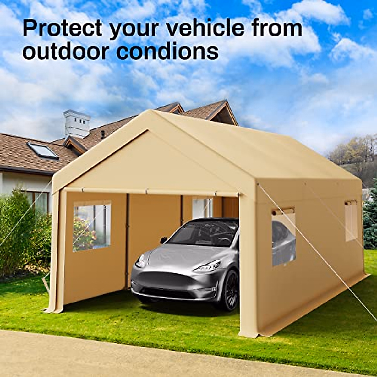Cityflee Carport, 10'x 20' Heavy Duty Carport Canopy with Roll-up Ventilated Windows, Portable Garage with Removable Sidewalls & Doors for Car Truck Boat, Waterproof Car Shelter, Khaki