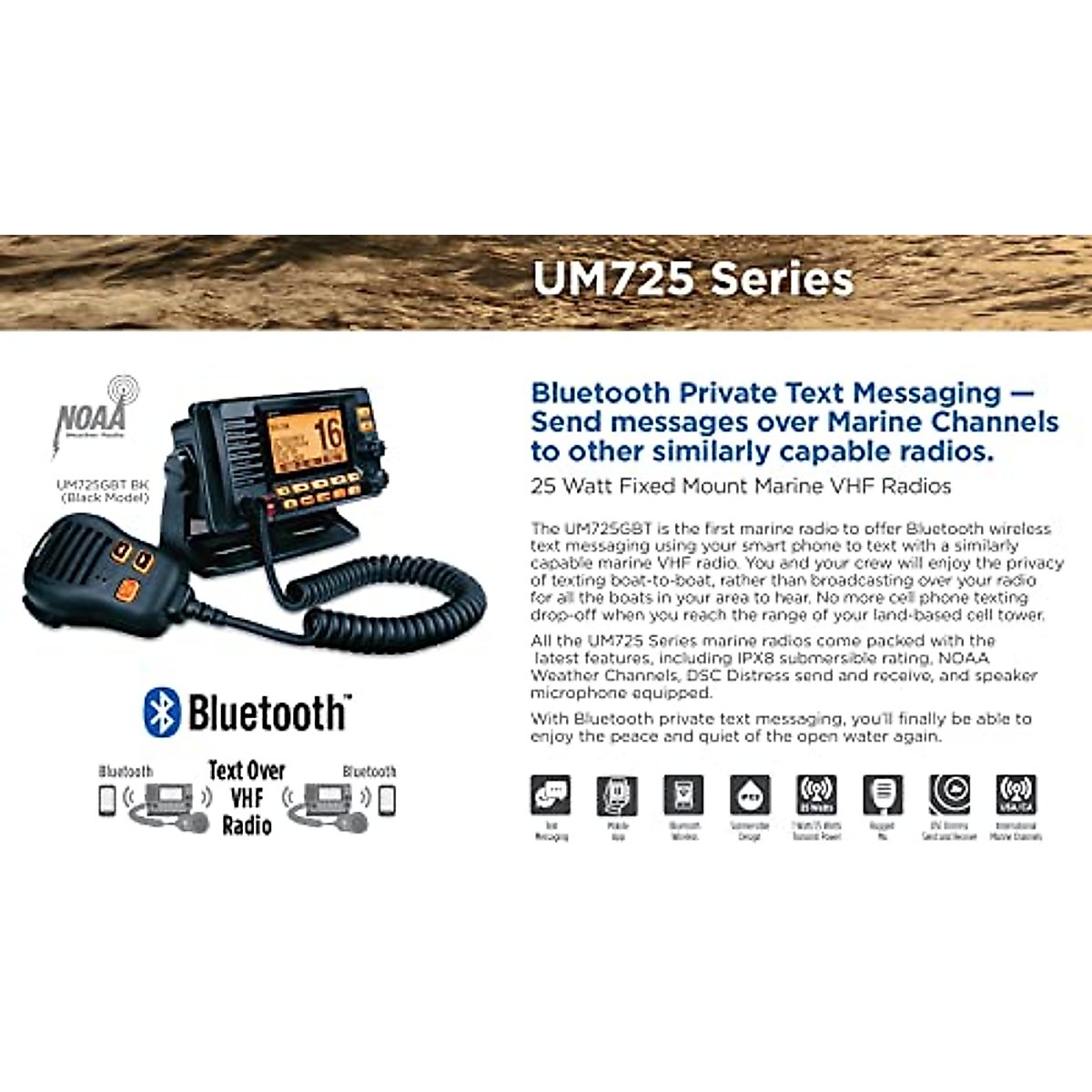 Uniden UM725GBT Marine VHF Radio, All USA, Canada, and Intl. Marine Channels, 1Watt/25Watt Transmit Power, Largest LCD Screen in Class, NOAA Weather Channels, Speaker Mic, GPS Built-in, and Bluetooth