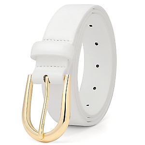 SANSTHS Women's Leather Belt for Jeans Pants Fashion Gold Buckle Ladies Dress Waist Belt,White,S