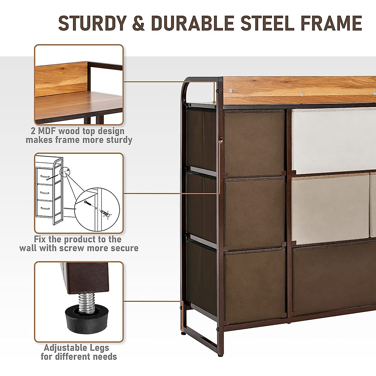 VredHom Wide Fabric Dresser Tower, 7 Drawers Fabric Closet Dresser Closets Storage Units with Sturdy Steel Frame, Wood Top & Easy Pull Fabric Bins for Bedroom, Living Room, Hallway, Entryway, Closets