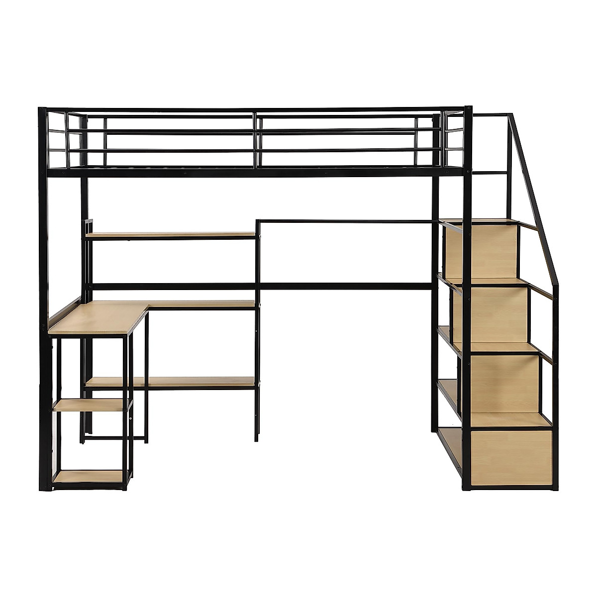 MiHunnor Metal Full Size Loft Bed with Built-in Desk, Multi-Functional Loft Bed with Storage Shelf and Storage Staircase, Space-Saving Design Loft Bed for Bedroom