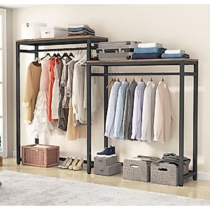 Tribesigns Free Standing Closet Organizer, Clothes Garment Racks with Storage Shelves and Double Hanging Rod, Heavy Duty Metal Wardrobe Closet Storage Clothing Shelving for Bedroom (Rustic Brown)