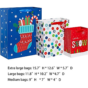 SUNCOLOR Pack of 12 Christmas Gift Bags Assorted Sizes With Handle (4 Extra Large 16", 4 Large 12", 4 Medium 9")