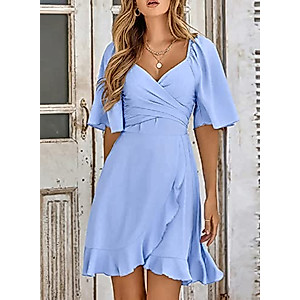 Dokotoo Women's Wrap V Neck Short Flared Sleeve Smocked Elastic Waist Tiered Belted Ruffle Hem Party Short Dress Sky Blue S