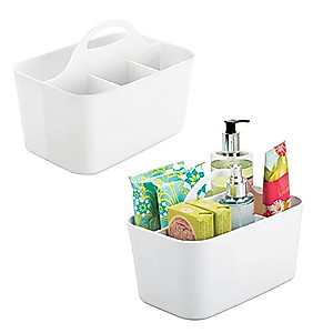mDesign Small Plastic Shower/Bath Storage Organizer Caddy Tote with Handle - Dorm, Shelf, Cabinet - Soap, Shampoo, Conditioner, Combs, Brushes, Lumiere Collection, 2 Pack, White
