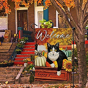 CMEGKE Fall Cat Garden Flag Cat Autumn Thanksgiving Garden Flag Hello Fall Yard Flag, Fall Flag for Garden Double Sided Burlap Seasonal Home Cat Autumn Farmhouse Outdoor Decor 12.5 x 18 In