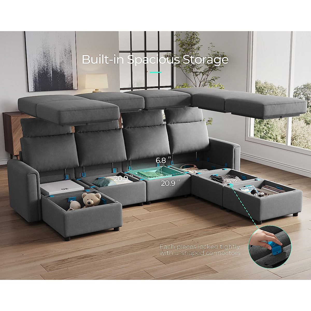 LINSY HOME Modular Sectional Sofa, Upgraded High Back Sectional Couch with 4 Headrests, U Shaped Sofa Bed with Storage, Sofa Covers Removable, 7 Seat Couch with Ottoman for Living Room, Dark Grey