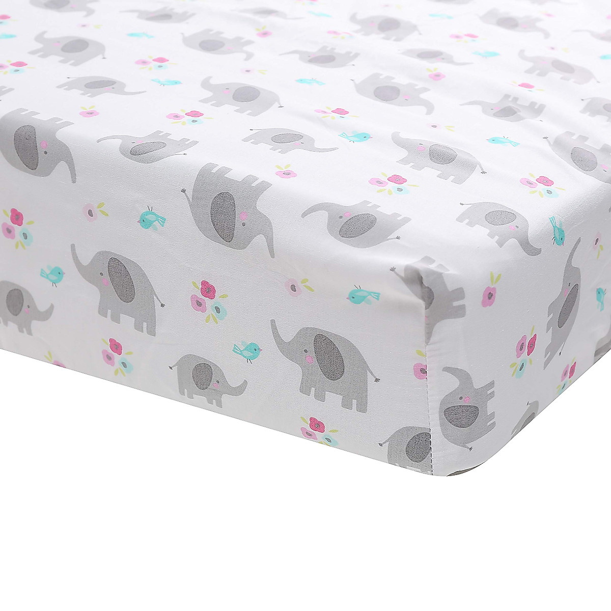 Sweet baba Luxury 4 Piece Elephant Crib Bedding Set,Pink Crib Set for Baby Girls(Brids/Flowers),Microfiber Printed Nursery Bedding Set with Comforter/Skirt/Crib Sheet/Blanket