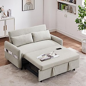 Convertible Chair Bed, 3 in 1 Convertible Sofa Bed Sleeper Chair with 3 Level Adjustable Backrest & 2 Pillow, Pull Out Sofa Bed in Microfiber, Sofa Bed Couch Loveseat Sleeper Bed for Living Room,Beige