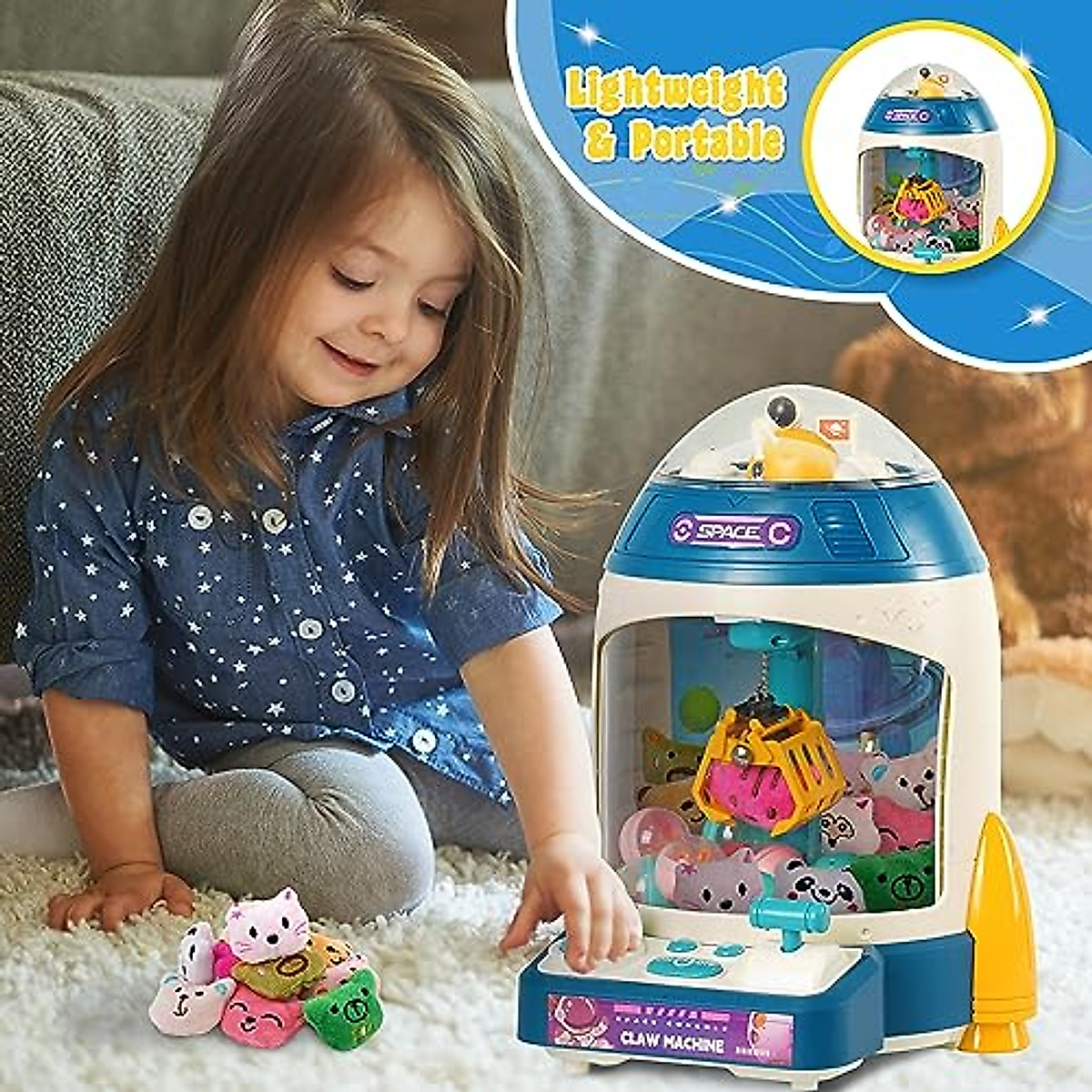 Bambibo Mini Claw Machine for Kids - Pre Assembled Blue Rocket Shaped, Vending | Indoor Toys Arcade Machines Home Game with Music Age 3-8, Pink