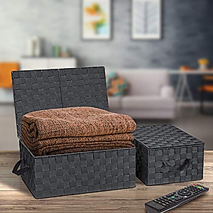 Sorbus Storage Box Woven Basket Bin Container Tote Cube Organizer Set Stackable Storage Basket Woven Strap Shelf Organizer Built-In Carry Handles (Woven Lid Baskets - Gray)