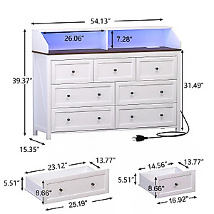 GlouMod LED Dresser with Charging Station, 7 Drawer Dresser for Bedroom, Chest of Drawers with RGB Lights, Wood Dresser with Deep Drawers for Bedroom, Hallway, White Dresser