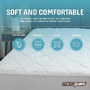 Micropuff Fitted Mattress Pad - Full XL Size Mattress Pad - Soft and Comfortable Fitted Mattress Protector - Mattress Cover Stretches up to 12 Inches Deep - Easy to Wash