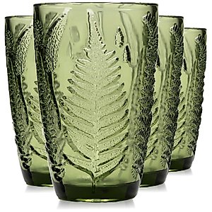 QELVIO 12 oz Green Drinking Glasses Set Of 4 - Boho Aesthetic Colored Vintage Glassware, Cute Textured Tumbler Water Cups, Colorful Glass Unique Embossed Drinkware, Retro Highball Juice Drink Cup