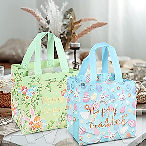 6PCS Happy Easter Egg Hunt Bags Bunny Carrot Chick Metallic Printing Gift with Handles, Treat Bags, Multifunctional Non-Woven for Gifts Wrapping, Party Supplies , 8.3×7.9×5.9inch