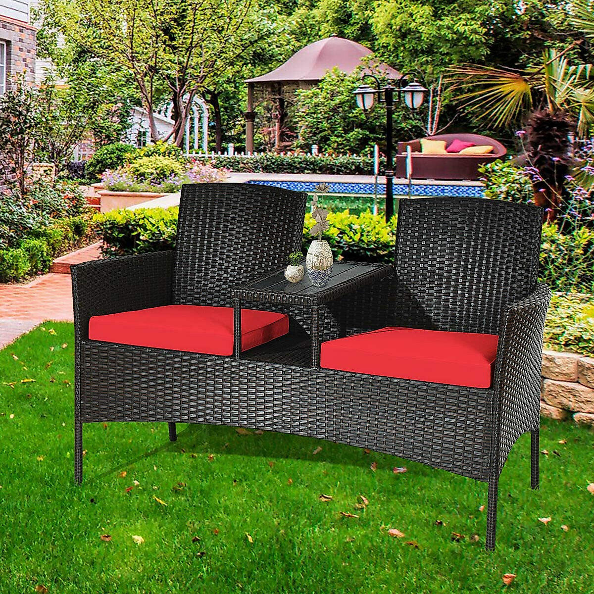 RELAX4LIFE Conversation Furniture Set with Table and Two Removable Cushions Rattan Wicker Chairs and Table Set for Patio,Garden, Baloney and Lawn Outdoor Porch Furniture Sets Loveseat (Brown+Red)