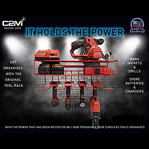 C2M Heavy Duty Floating Tool Shelf & Organizer | Wall Mounted Garage Storage Rack for Handheld & Power Tools | USA Made, 100# Weight Limit, Compact Steel Design | Perfect for Milwaukee Tools | Red