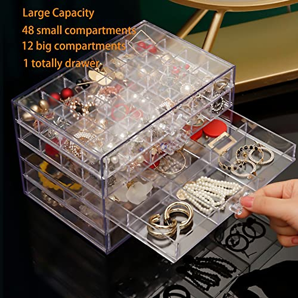 MIOINEY Acrylic Jewelry Box With 5 Drawers Earring Storage Box Clear Jewelry Box Organizer Storage Holder Compartment Tray Transparent Display Storage Case for Earrings Necklace Ring Bracelet