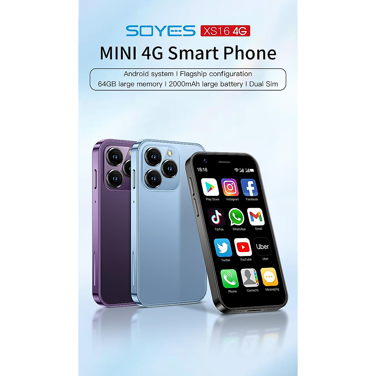 Super Mini Smartphone 4G SOYES XS16 Android 10.0 Stundent Cellphone 5MP 2000mAh 3inch Handheld Sized Backup Small Mobile Phone Gift for Kid (2GB RAM 16GB ROM, Black)