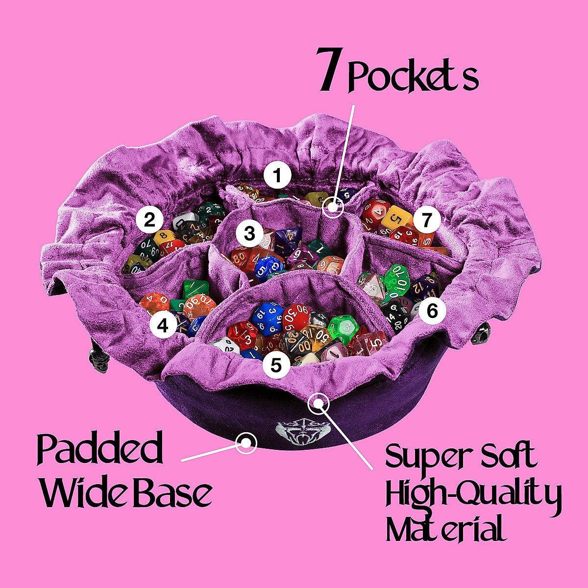 CardKingPro Immense Dice Bags with Pockets - Purple - Capacity 150+ Dice - Great for Dice Hoarders [Patented Design]