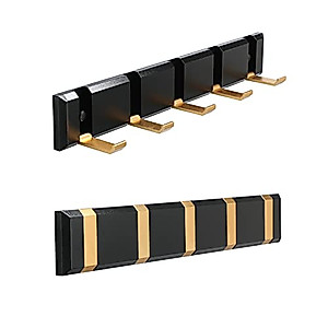 Beelee Coat Rack Wall Mount Floating Hook Rack, Space-Saving Towel Hanger Folding Coat Hooks for Coats,Scarves,Hat and More,Black and Gold Finish