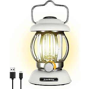EverBrite Camping Lantern Rechargeable, Retro Metal Camping Light, 4400mAh Battery Powered Hanging Vintage Camping Lamp, 3 Light Modes, Outdoor Tent Light, Emergency Lantern for Power Outage - White