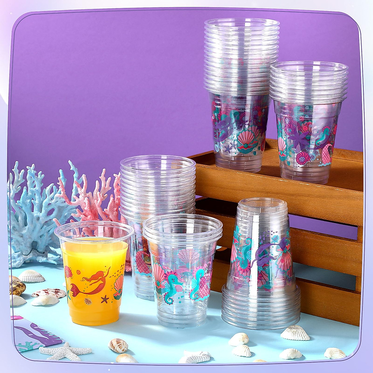 Yaomiao 50 Pieces Mermaid Party Cups Bulk 12 Oz Disposable Plastic Under the Sea Drinking Cups Mermaid Tail Shell Starfish Beverage Cups for Ocean Mermaid Birthday Baby Shower Party Supplies (Cute)