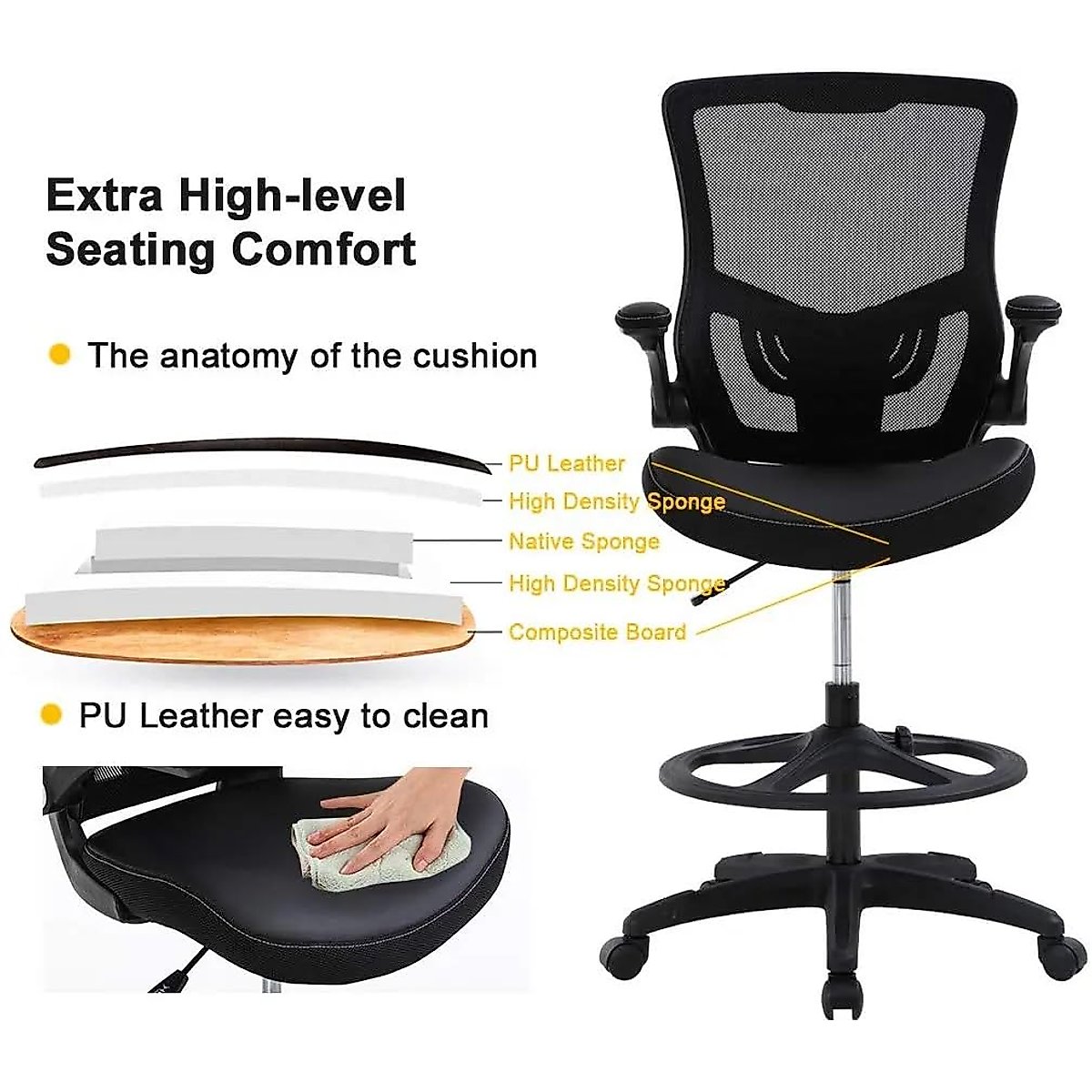 Drafting Chair Tall Mesh Drafting Stool for Standing Desk, Adjustable Bar Height Reception Office Chair with Flip-Up Arms & Foot-Ring, Ergonomic Mesh Computer Drafting Stool for Home Office Working