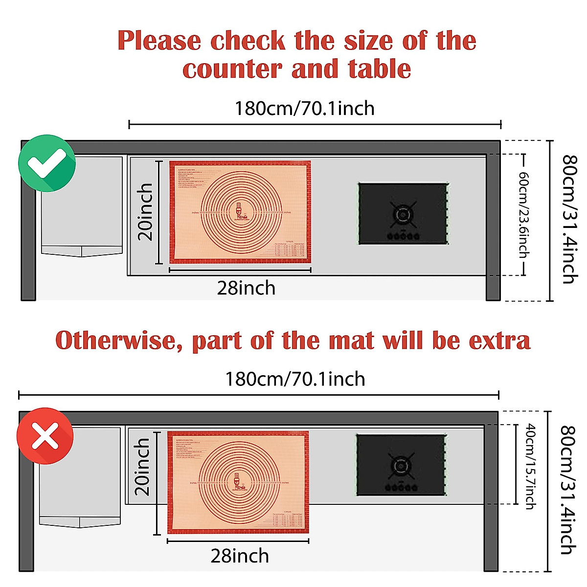 Non-slip Silicone Pastry Mat Extra Large with Measurements 28''By 20'' for Silicone Baking Mat, Counter Mat, Dough Rolling Mat,Oven Liner,Fondant/Pie Crust Mat By Folksy Super Kitchen Red