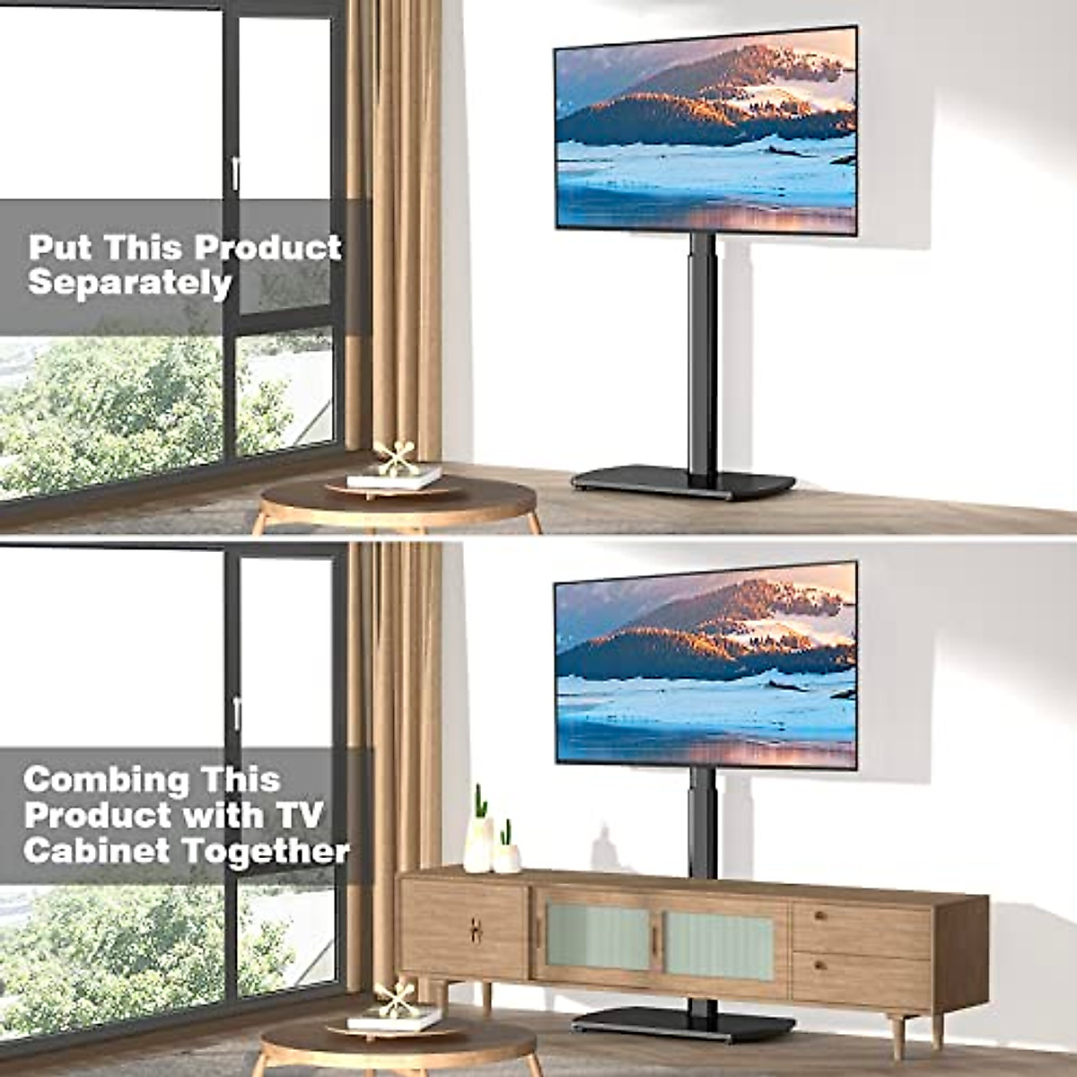 Universal Floor TV Stand with Mount Swivel and Height Adjustable for Most 26 to 65 Inch LCD LED OLED Flat Panel and Curved Screen TVs, Tall TV Stand Space Saving for Corner and Bedroom, Black
