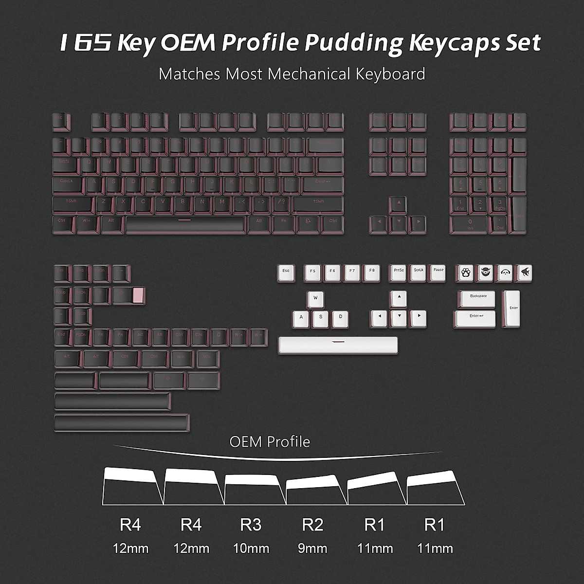 Womier Pudding Keycaps - PBT Shine Through Custom Keycaps Set for 61/68/84/87/82/100 Cherry Gateron MX Switches Mechanical Keyboard, Black Phantom
