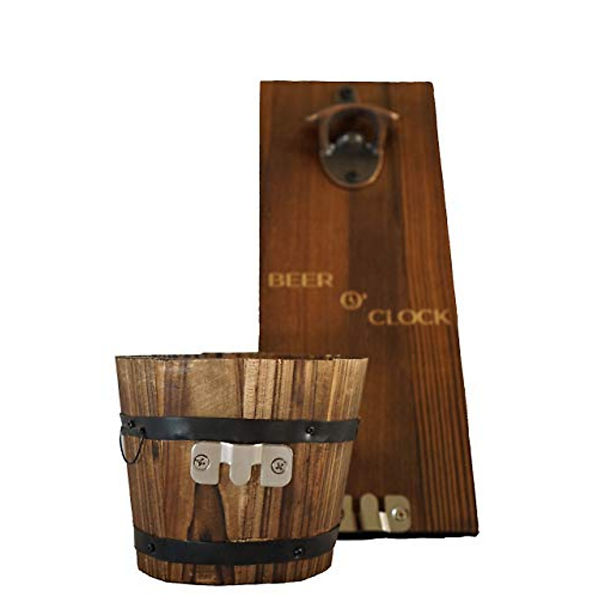 Thirsty Solutions - “Beer O’ Clock” Rustic Wall Mounted Bottle Opener and Catcher - Dark Stain Pine with Zinc Alloy Opener - Removable Wooden Bucket - Man (or Woman) Cave Ready