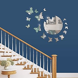 17 Pieces 3D Acrylic Mirror Wall Decor Stickers Removable Butterfly Mirror Wall Stickers DIY Mirror Butterfly Mural Stickers Butterfly Wall Stickers Decals for Home Living Room Bedroom (Silver)