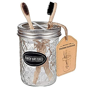 4 Pcs & 4 Pcs Brushed Nickel Mason Jar Bathroom Accessories Set- Lotion Soap Dispenser*2, Regular mouth Qtip Holder Set*2,Wide Mouth Cotton Swab Holder*2,Toothbrush Holder*2,Rustic Farmhouse Decor