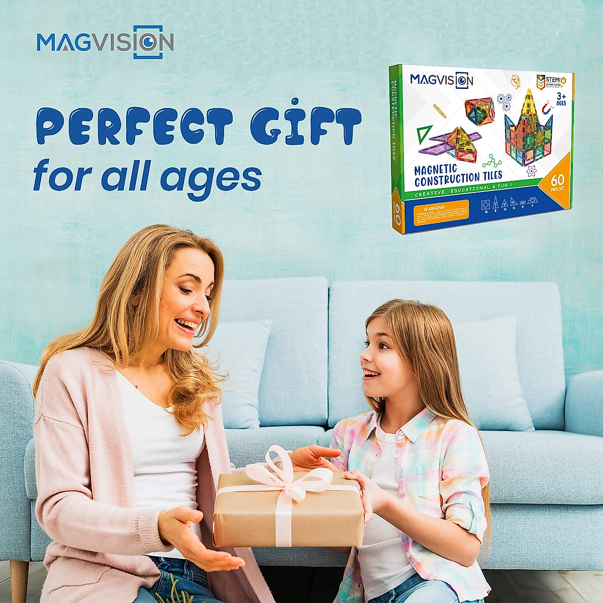 MagVision 60-Piece Magnetic Building Tiles Set, Stem Magnetic Building Blocks, Extra Strong and Safe Magnets, Stem Toys, Magnetic Blocks, Educational Toys for Children Ages 3+ Years