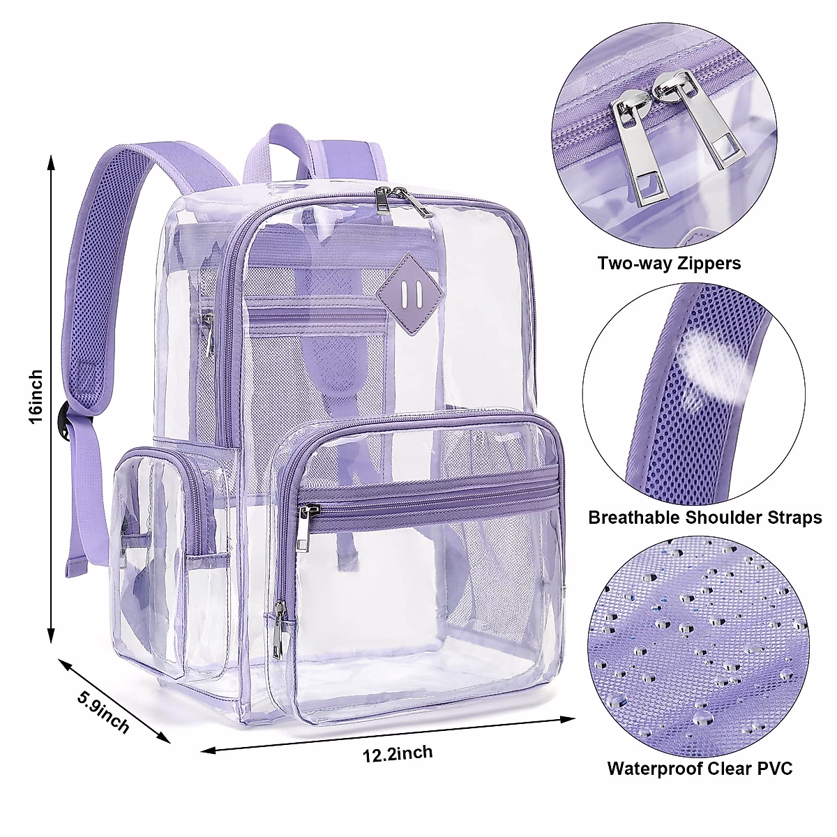 Fuyicat Heavy Duty Clear Backpack for Girls Boys Women Men, PVC Transparent School Backpacks See Through College Bookbag (Purple)